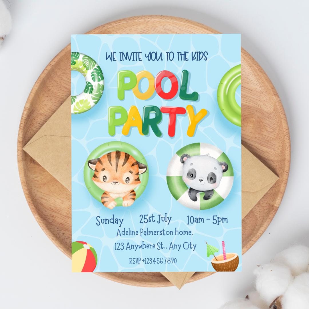 Pool Party Animals Editable Invitation Summer Birthday Party Evite Text ...