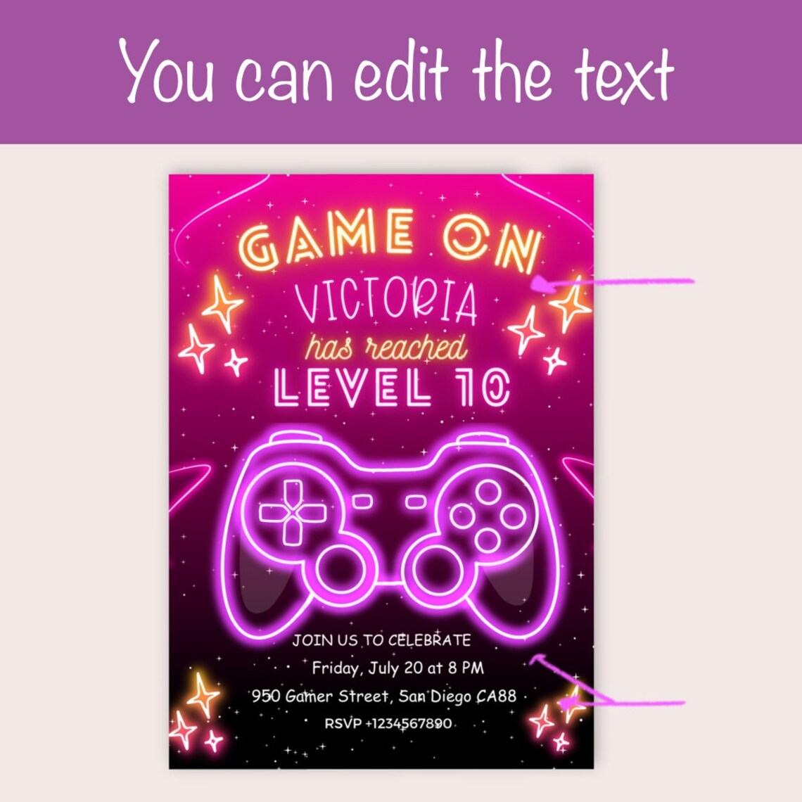 Gamer Birthday Invitation Neon for Girl Birthday Invitation Glow Girl ...