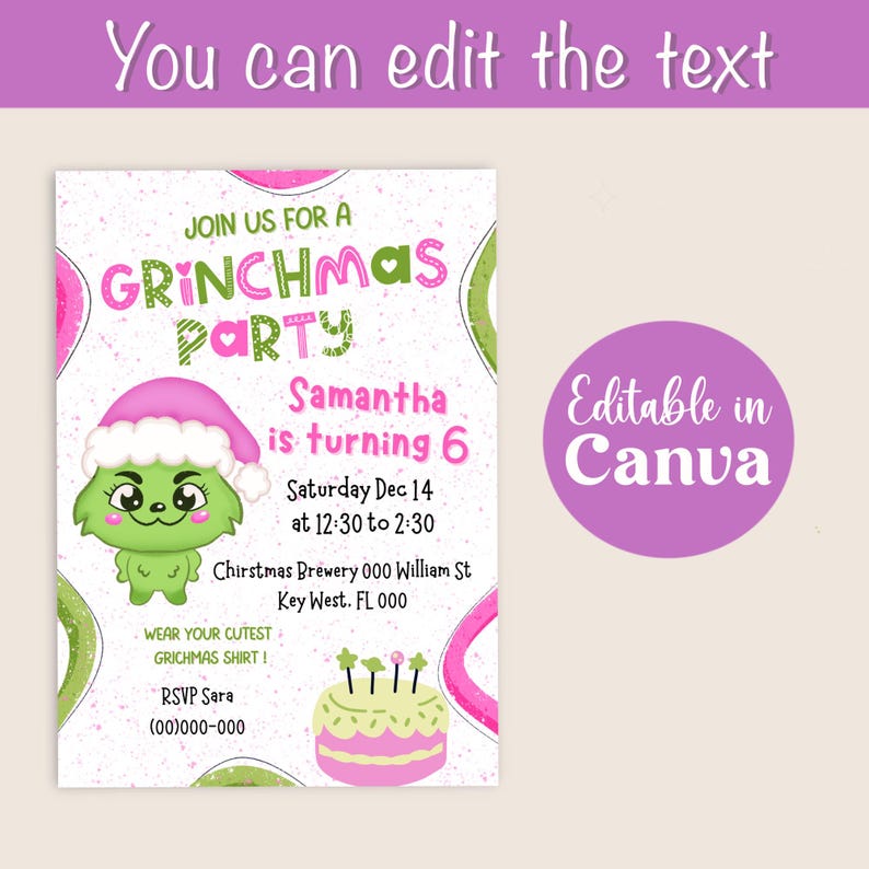 Editable Grinchmas Party Invite for Girl Grinch Birthday Christmas ...