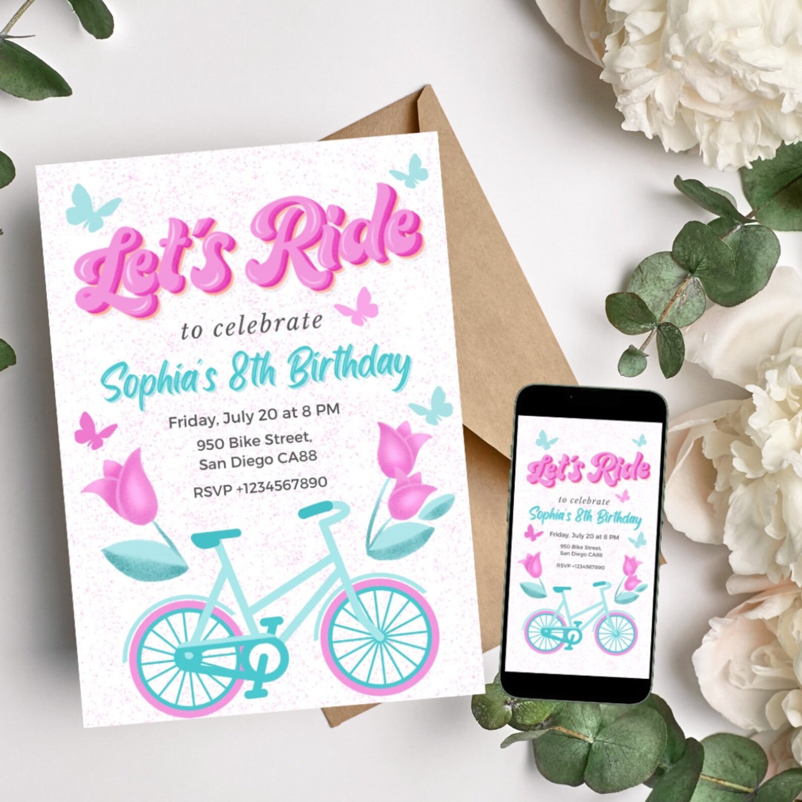 Bicycle Birthday Invitation Template for Girl, Editable & Printable ...