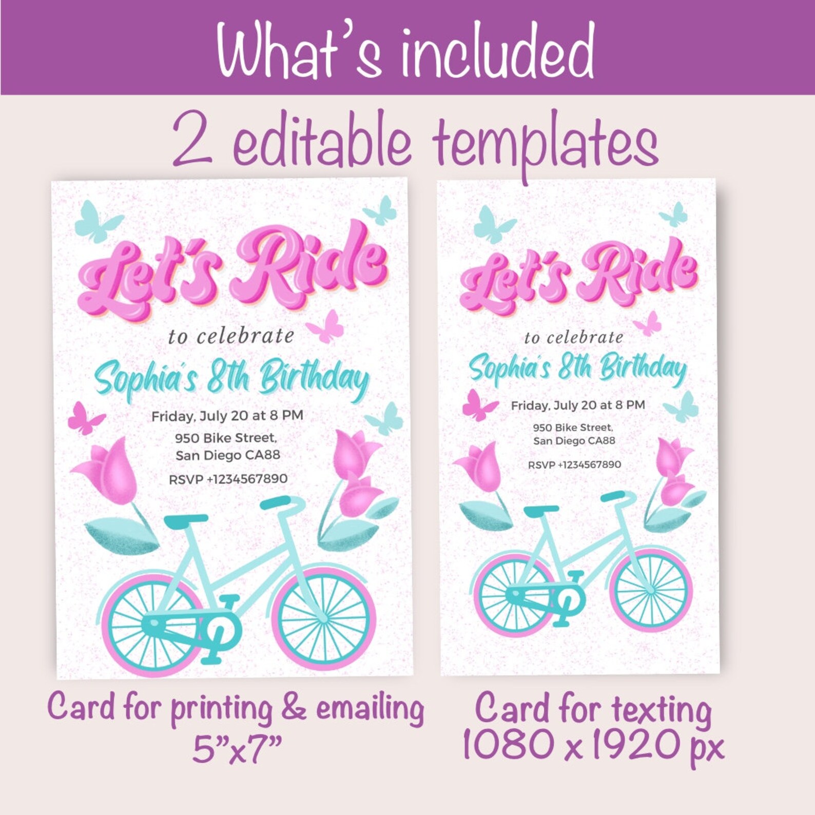 Bicycle Birthday Invitation Template for Girl, Editable & Printable ...
