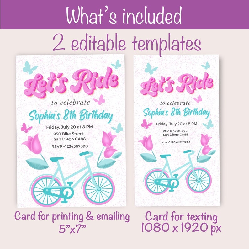 Bicycle Birthday Invitation Template for Girl, Editable & Printable ...