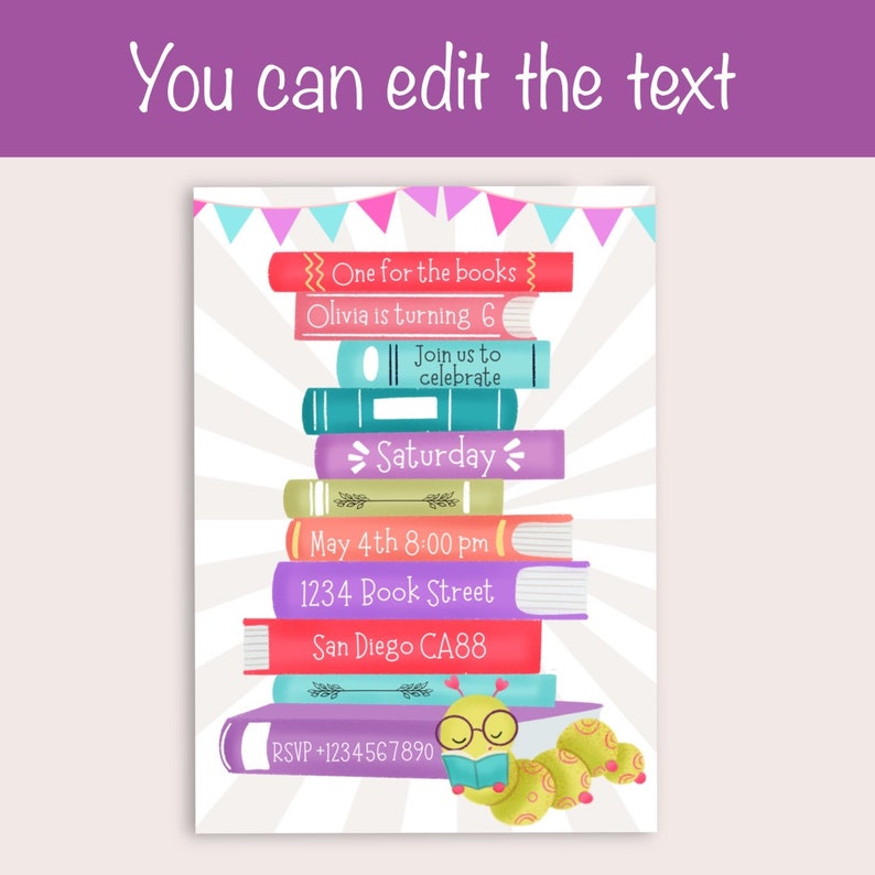 Books Library Birthday Invitation Reading Party Invite Girl Book Worm ...
