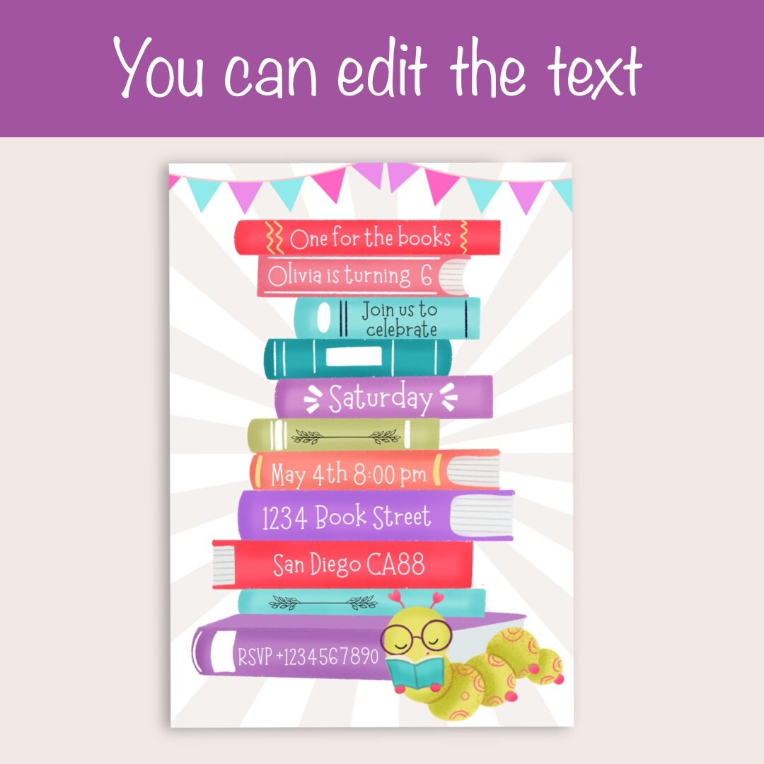 Books Library Birthday Invitation Reading Party Invite Girl Book Worm ...