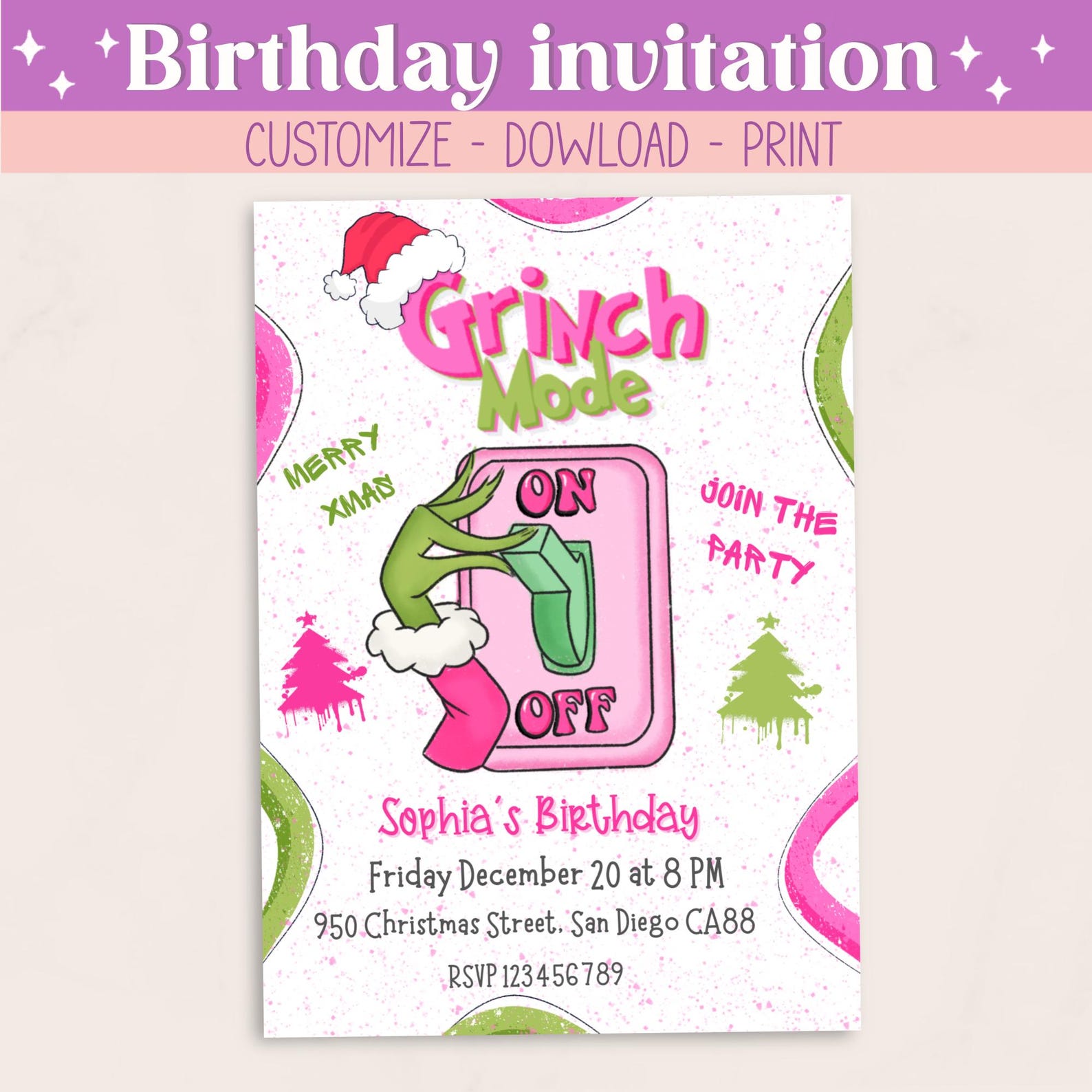 Editable Grinchmas Party Invite for Girl Grinch Birthday Christmas ...