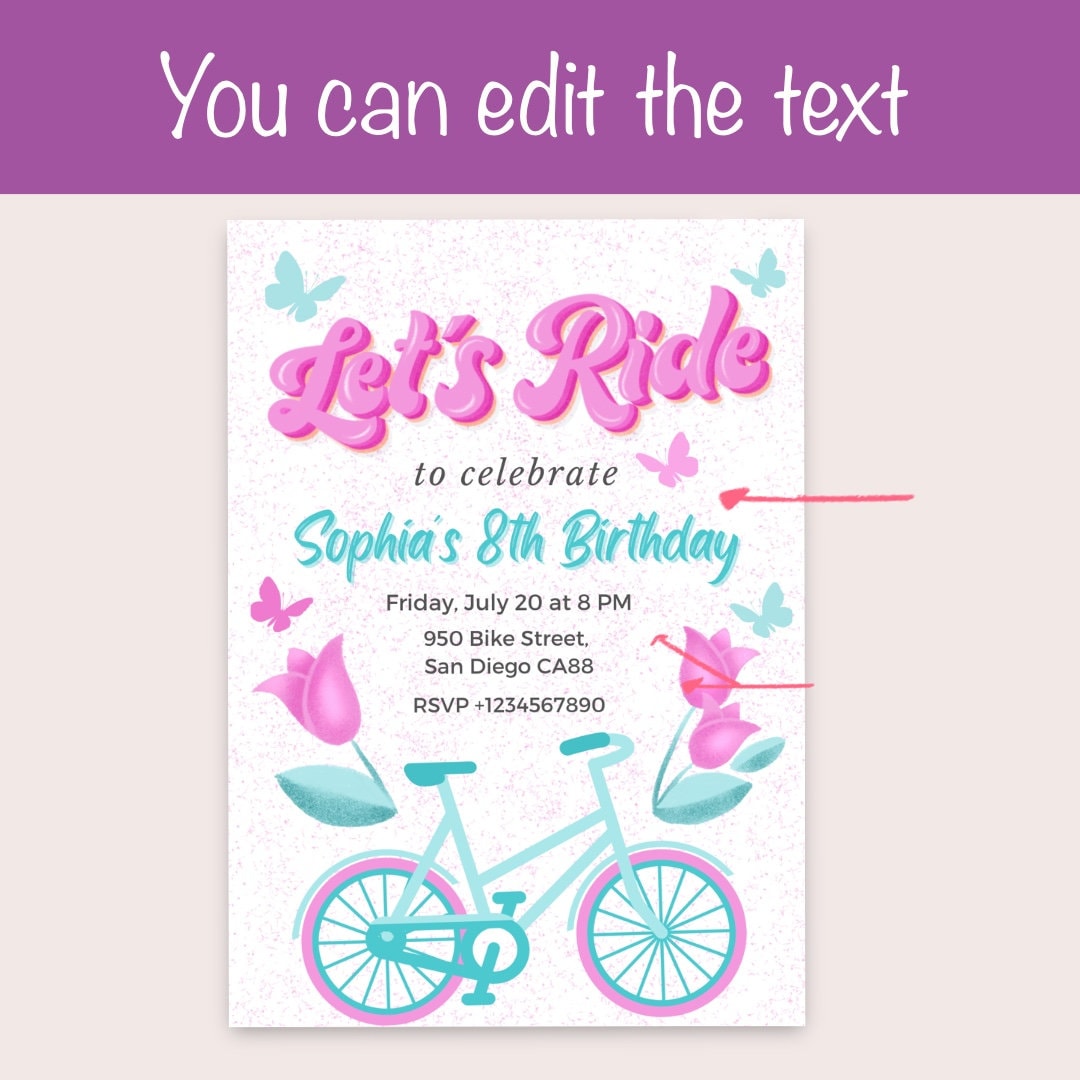 Bicycle Birthday Invitation Template for Girl, Editable & Printable ...