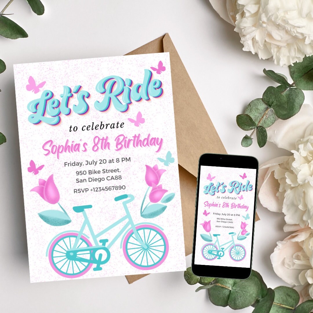 Bicycle Birthday Invitation for Girl Bicycle Birthday Party Invitation ...