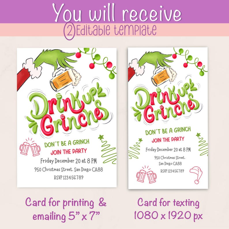 Editable Grinchmas Party Invite Christmas Party Invitation Drink up ...
