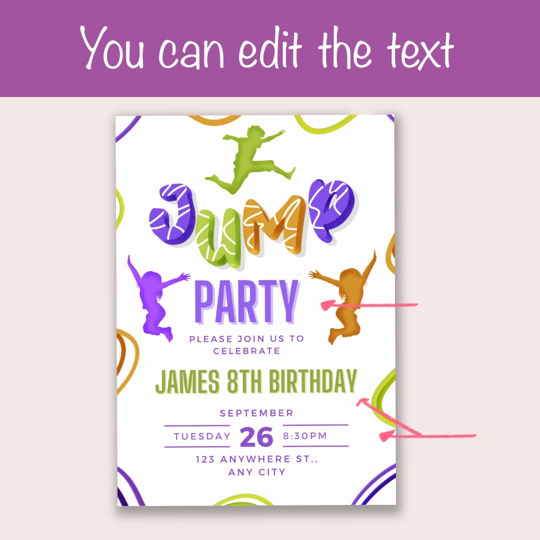 EDITABLE Jump Party Invitation, Trampoline Park Birthday Invitation ...