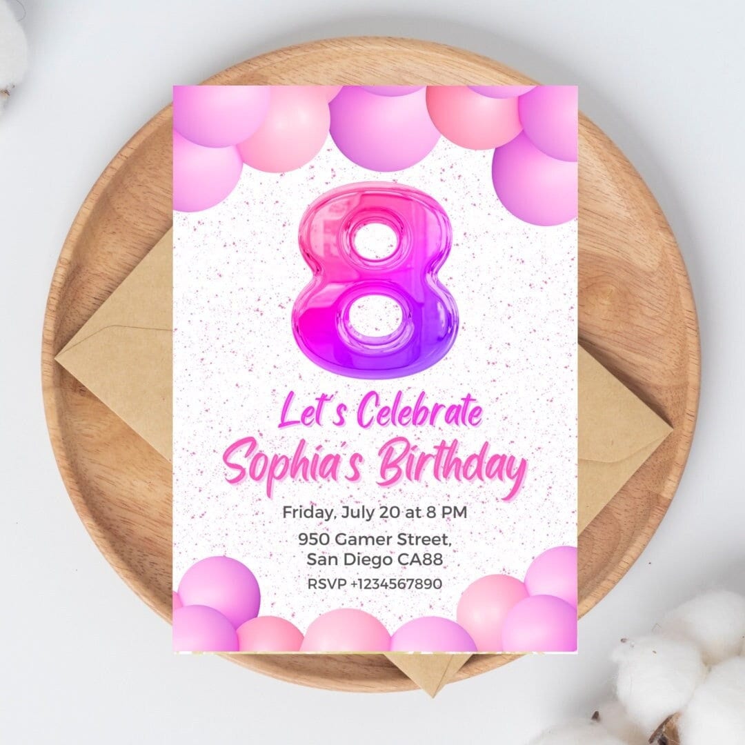 Editable Pink 8th Birthday Invitation Template Pink Birthday Invite ...