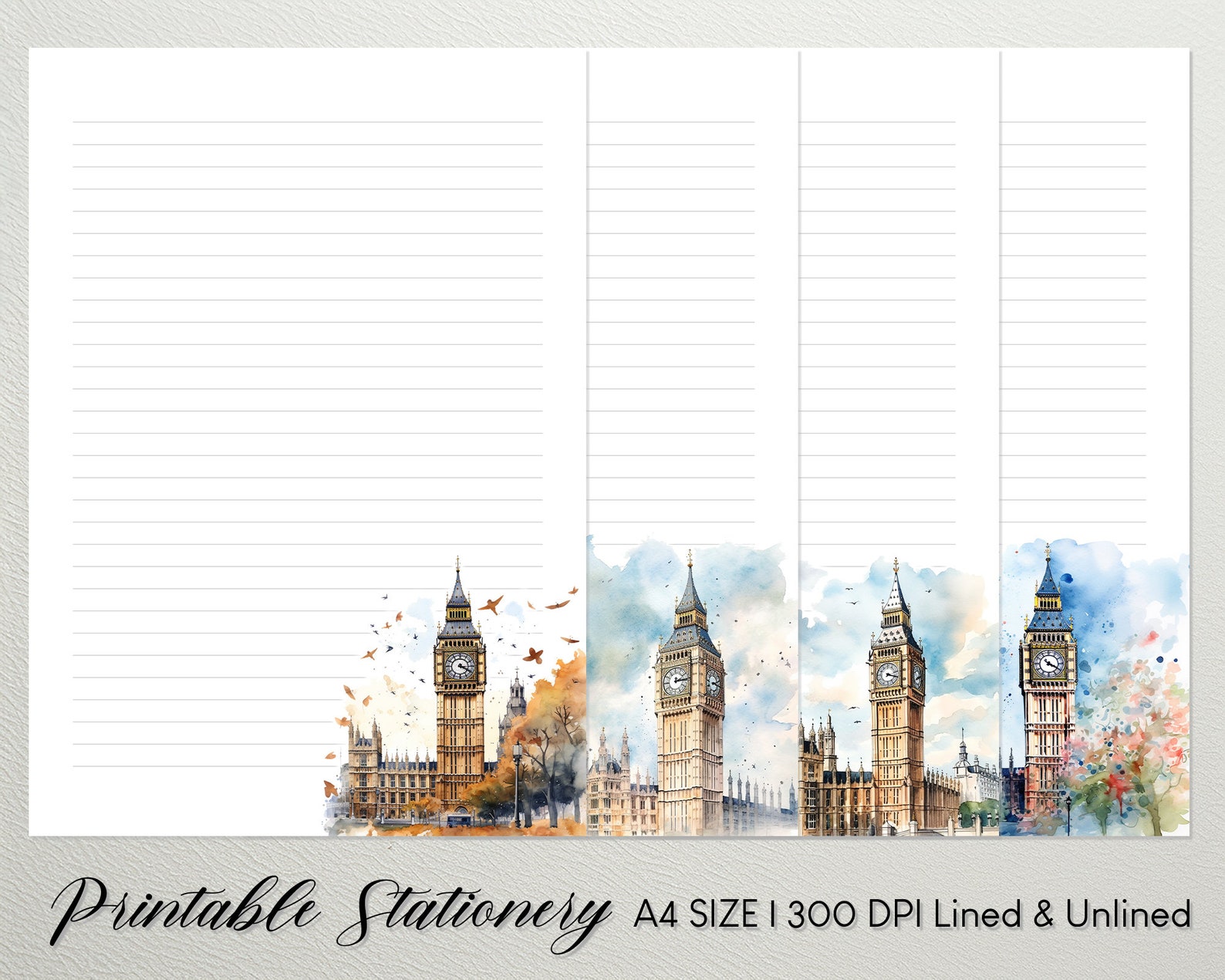 Watercolor Big Ben Printable Stationery Bundle Lined Unlined Digital ...
