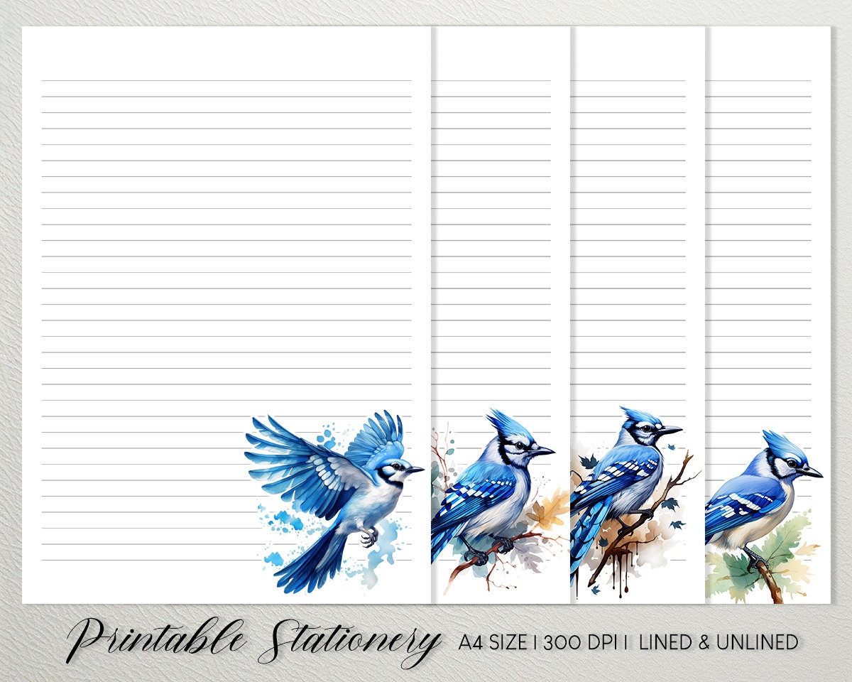 Watercolor Blue Jay Birds Printable Stationery Bundle | Lined Unlined ...
