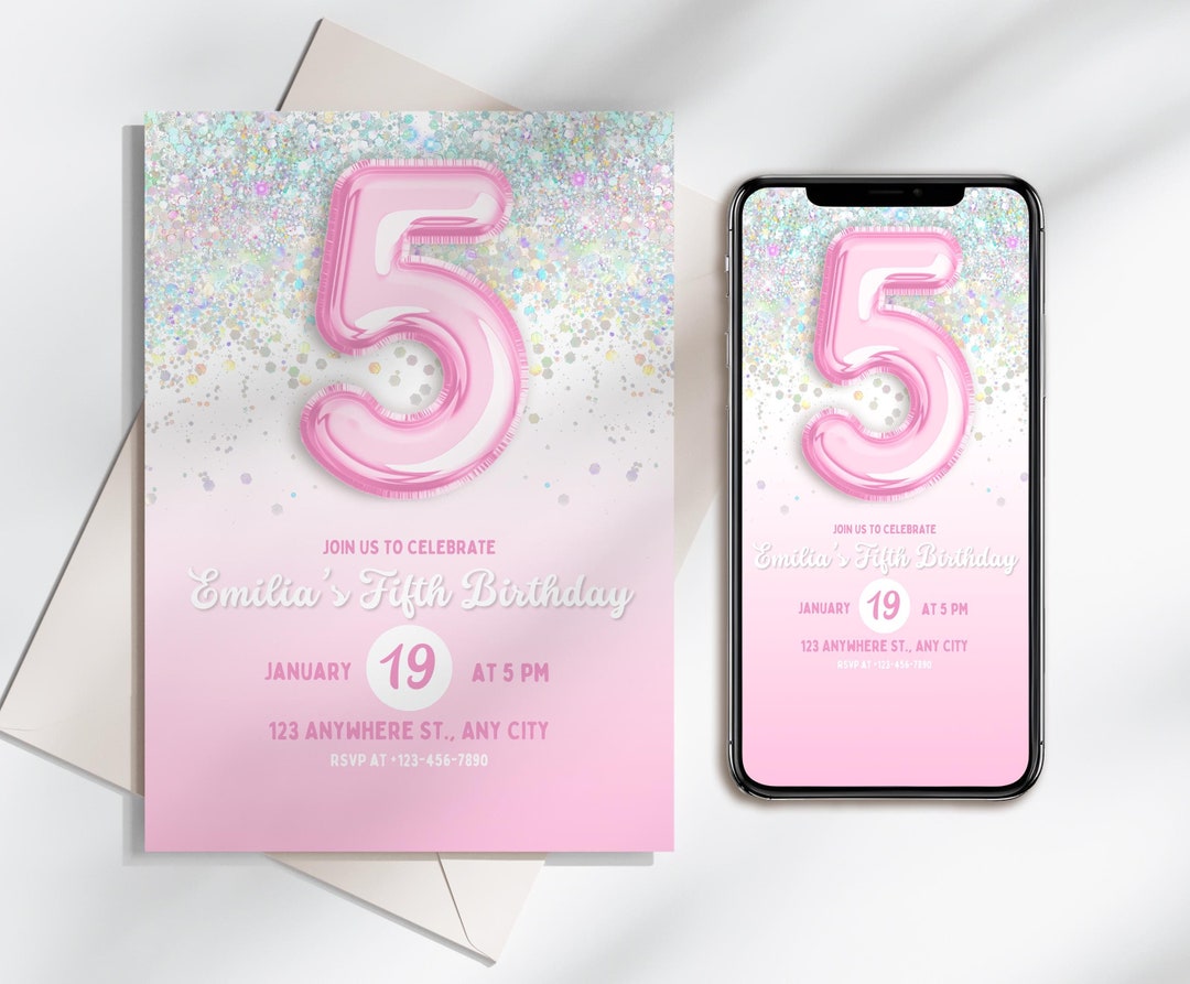 Editable Pink 5th Birthday Invitation Template | Glitter Birthday Party ...