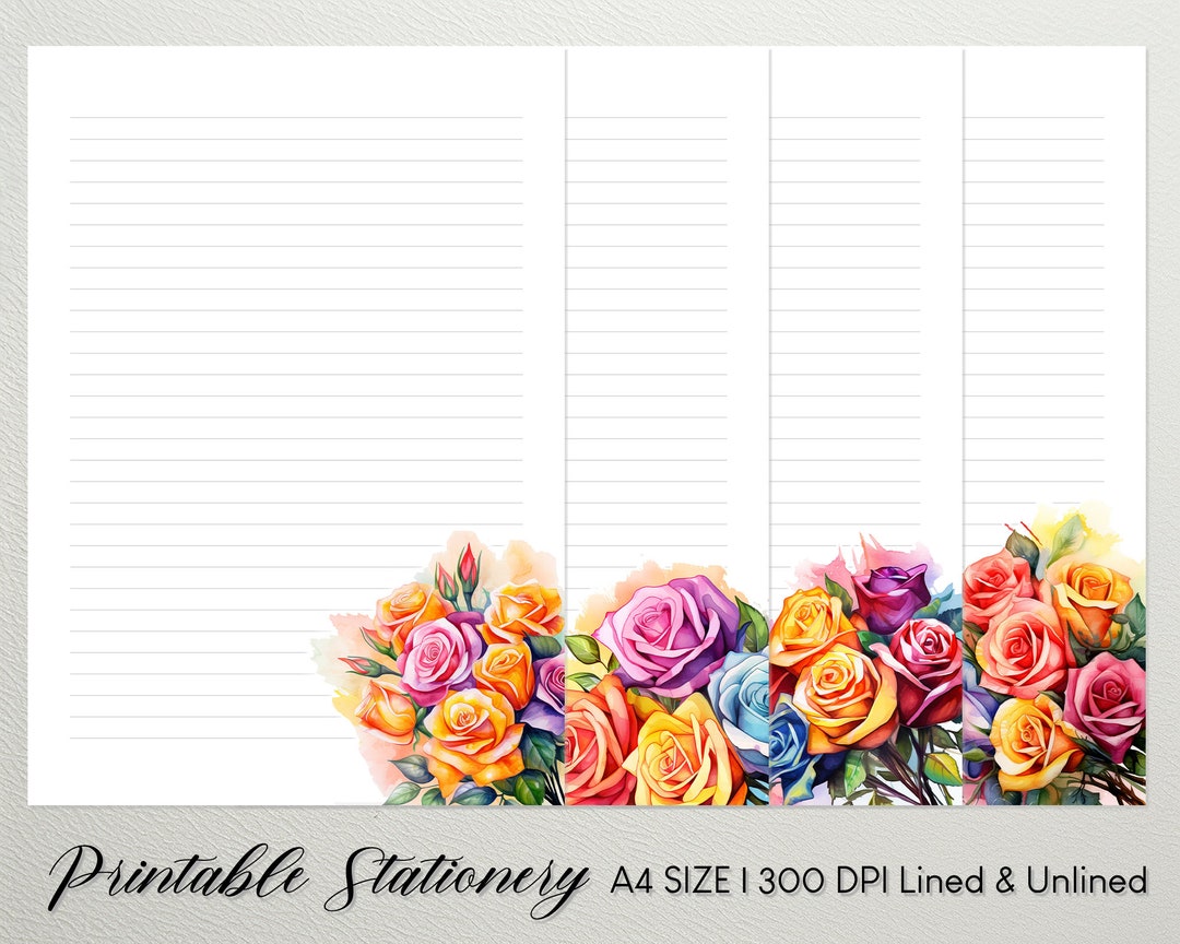 Watercolor Rainbow Roses Printable Stationery Bundle Lined Unlined ...