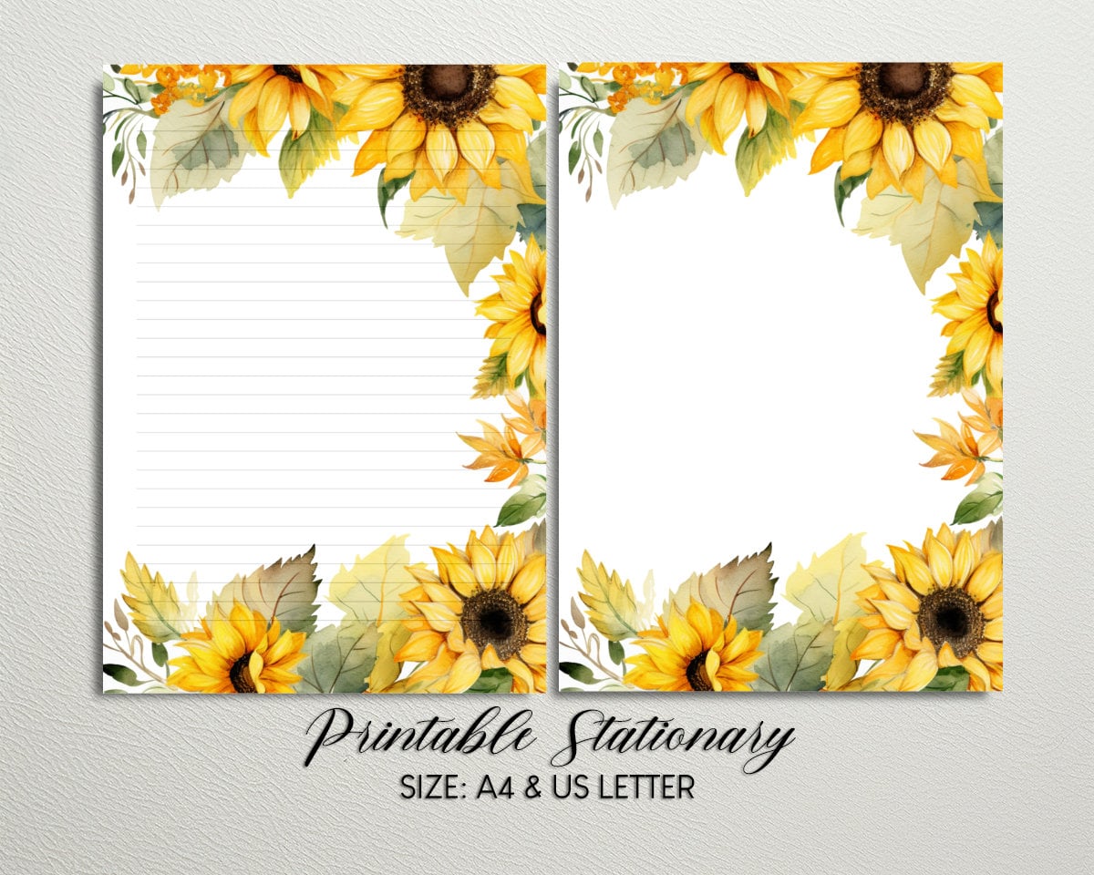 Sunflower Print Printable Stationery Set With Envelopes | Lined Unlined ...