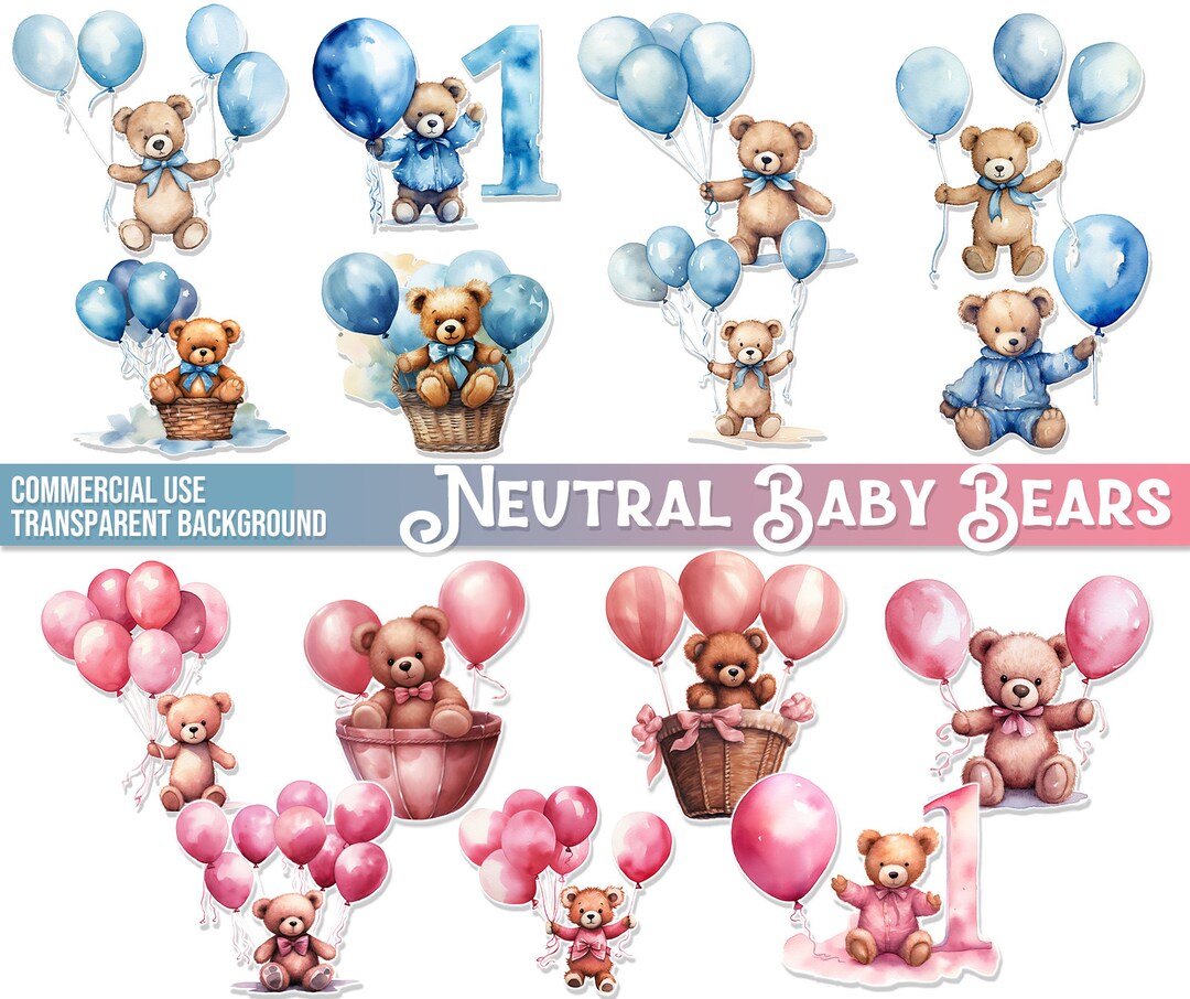 Baby Shower Clipart Baby Bear With Balloons Watercolor Teddy Bear ...