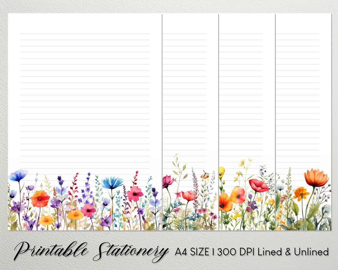 Wildflower Printable Stationery Bundle | Lined Unlined Digital Writing ...