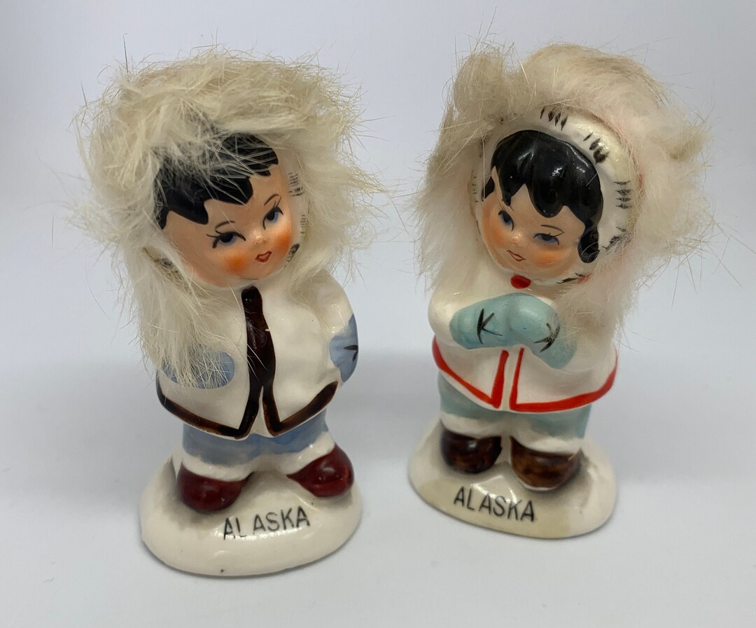 Adorable Vintage Inuit Boy and Girl Salt and Pepper Shakers With Rabbit ...