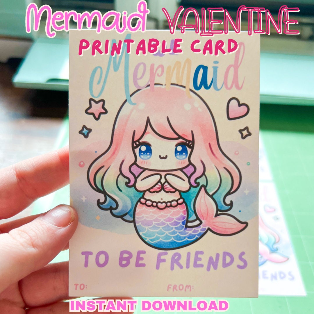 Mermaid Valentine Card Printable Instant Download PNG & PDF Files Class ...