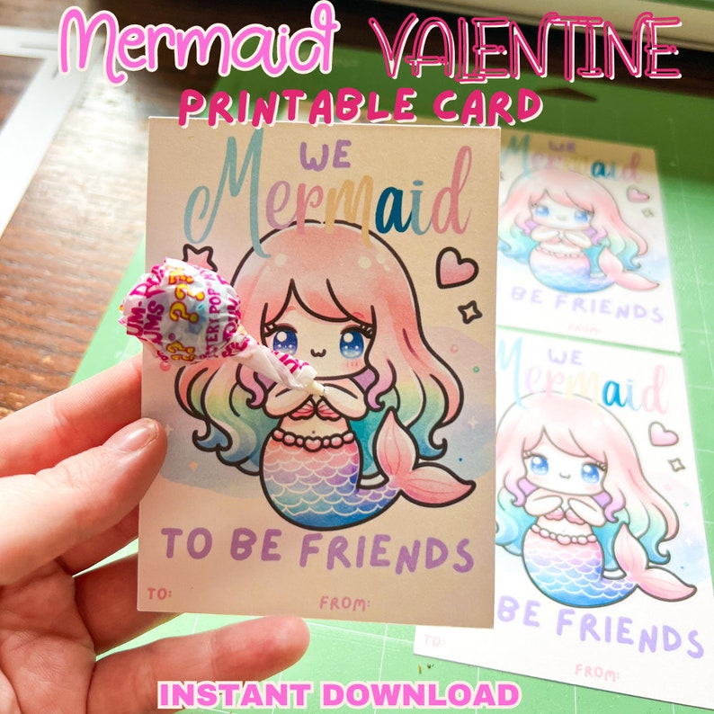 Mermaid Valentine Card Printable Instant Download PNG & PDF Files Class ...