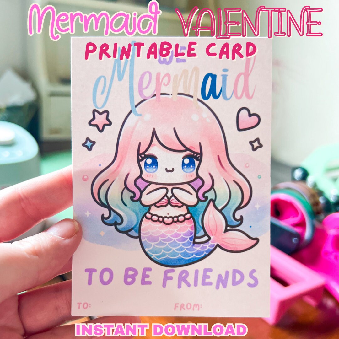 Mermaid Valentine Card Printable Instant Download PNG & PDF Files Class ...