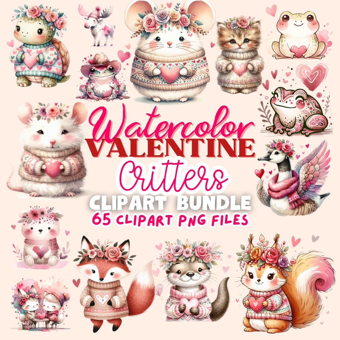 Watercolor Valentine Critters Clipart Bundle: 65 PNG Designs (digital ...