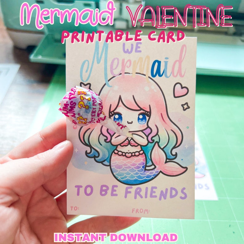 Mermaid Valentine Card Printable Instant Download PNG & PDF Files Class ...