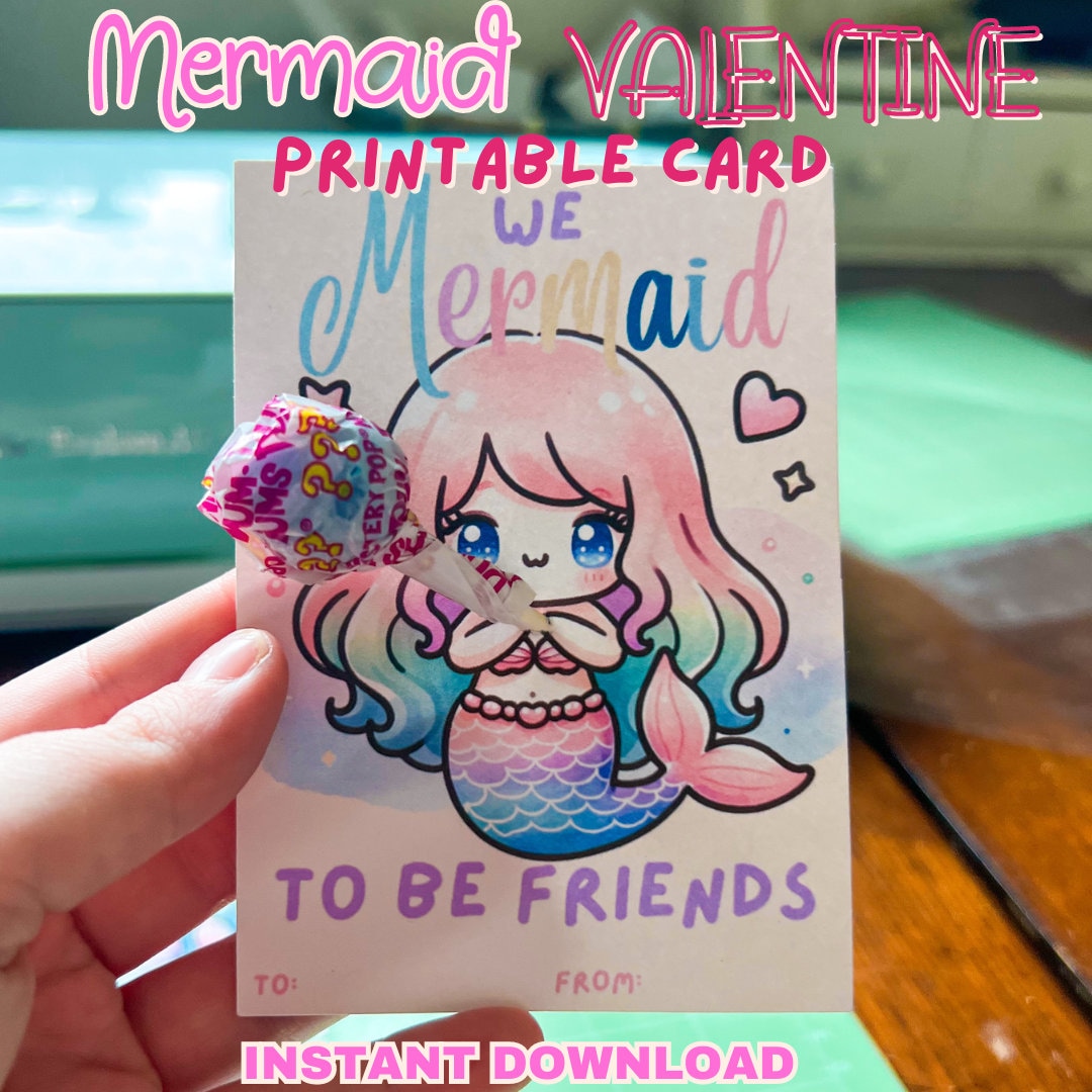 Mermaid Valentine Card Printable Instant Download PNG & PDF Files Class ...
