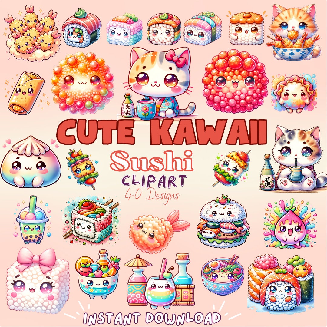 Kawaii Sushi Clipart: 40 Watercolor PNG Designs (digital Download) - Etsy
