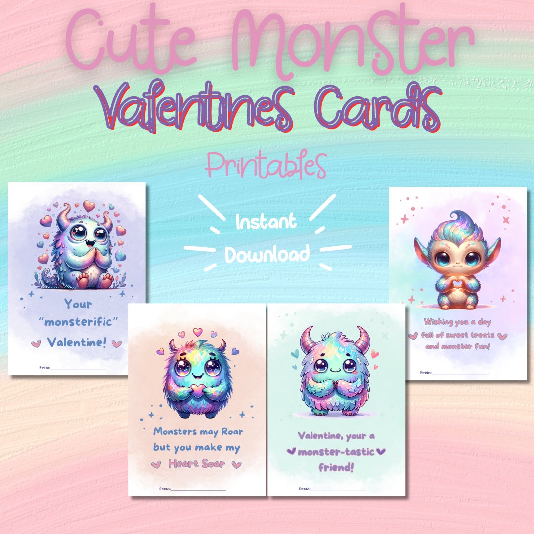 Cute Monster Valentine Card | Printable Instant Download PNG & PDF ...