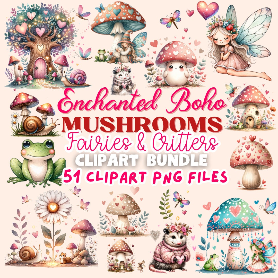 Mushroom Clipart: Enchanted Boho Watercolor Fairies (PNG Digital ...