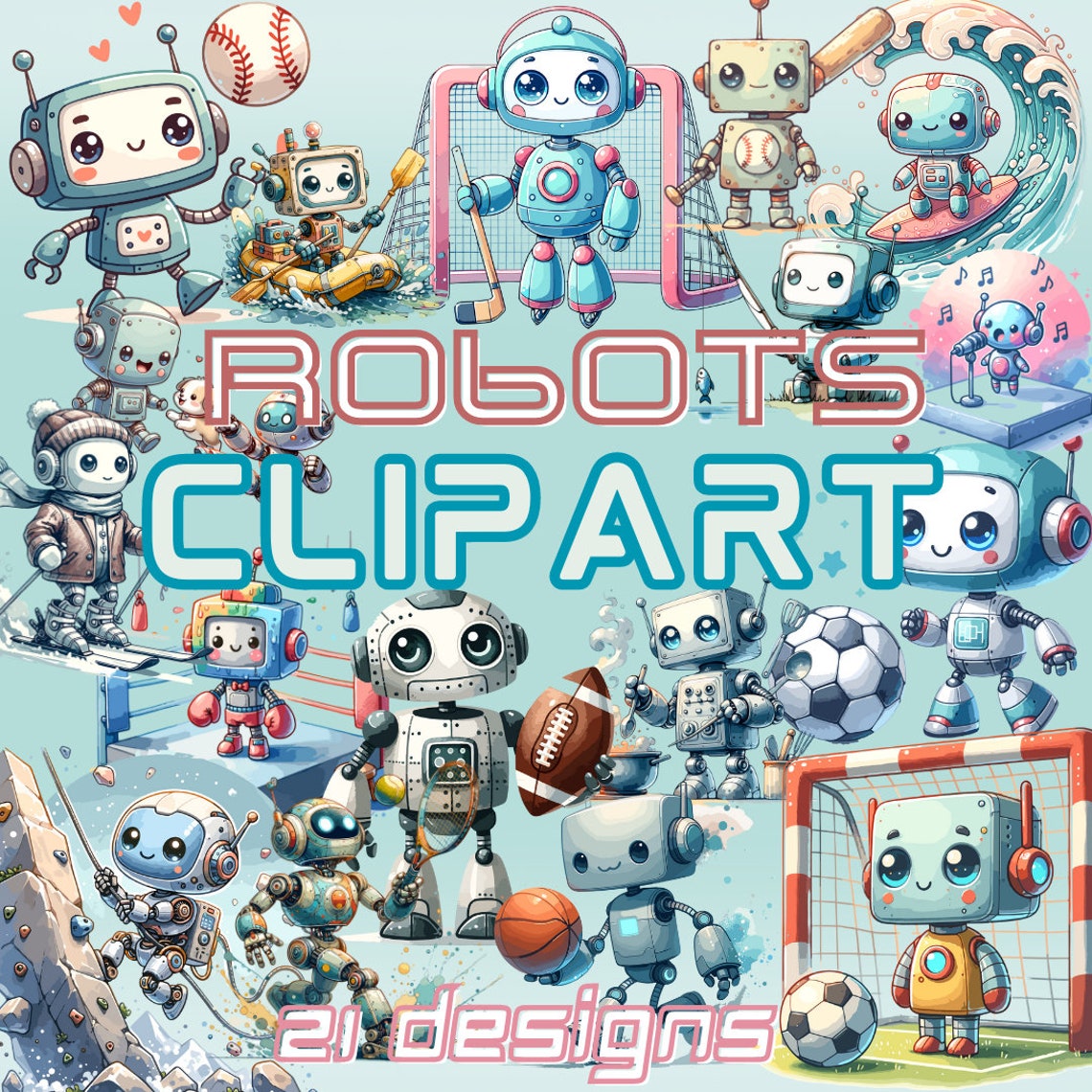 Robot Sports Clipart, Pastel Watercolor Robot Clipart, Sports PNG ...