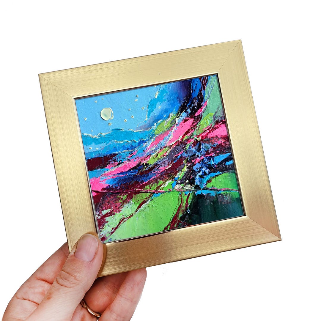 Green Fields Oil Painting Original Surrealist Landscape 4x4, Blue Sky ...