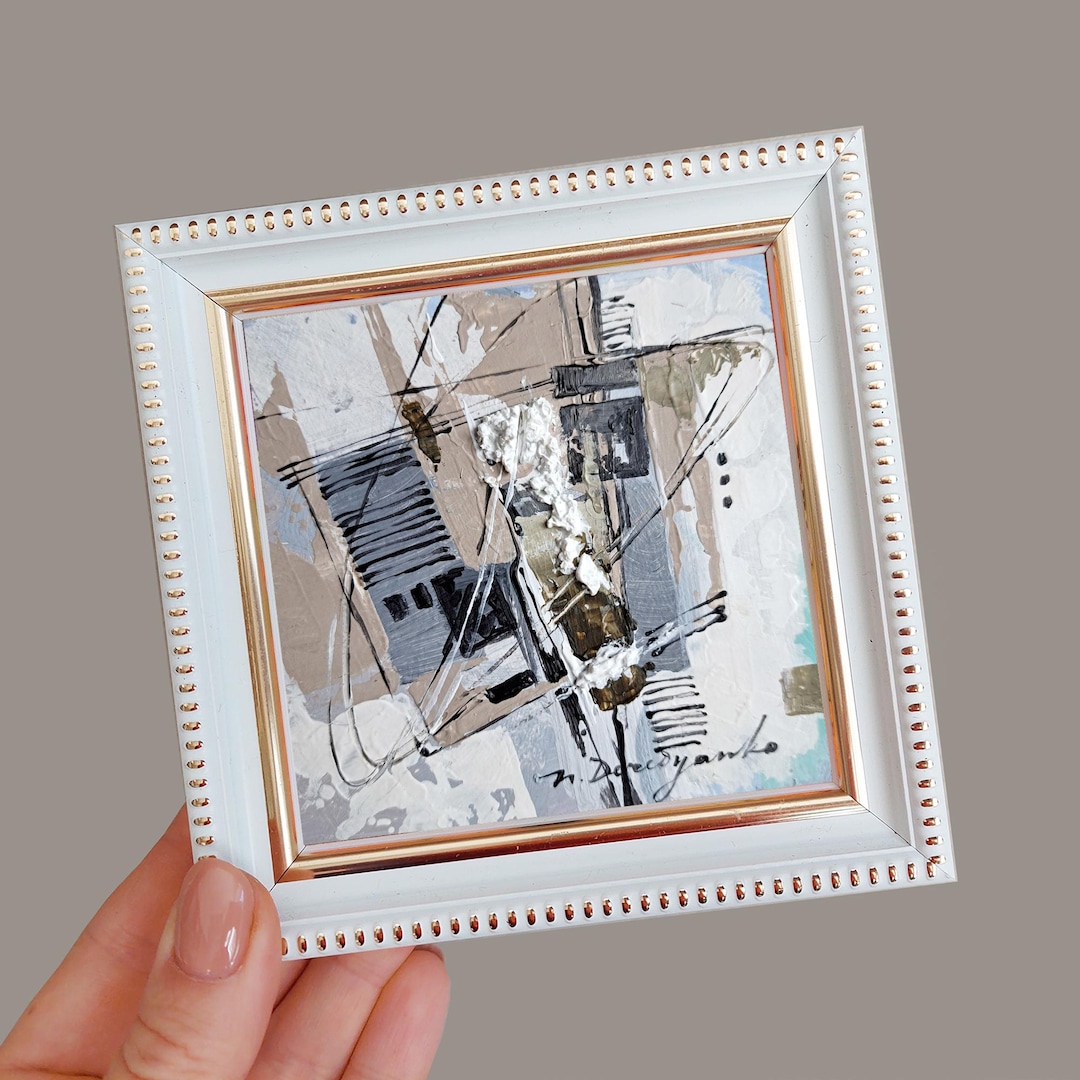 White Wall Art Small Abstract Painting 4x4 Artwork Original Framed ...