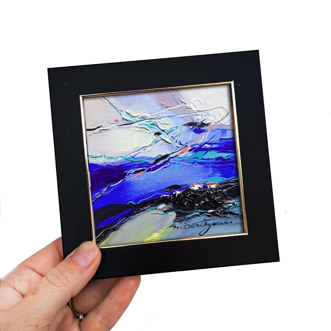 Blue Wall Art Miniature Paintings 4x4 Original Framed, Abstract ...