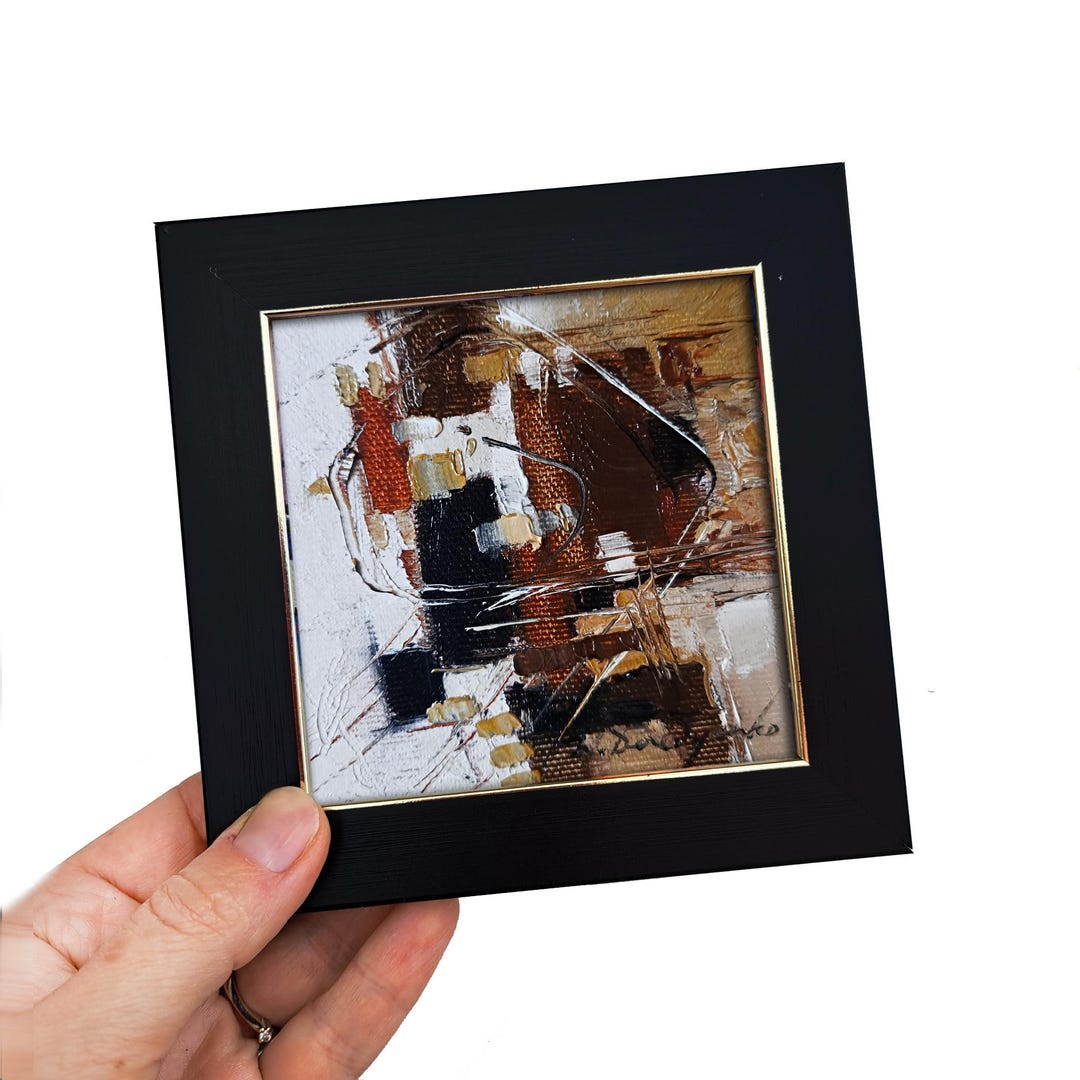 Small Painting 4x4 Original Black Artwork Framed, Abstact Painting ...