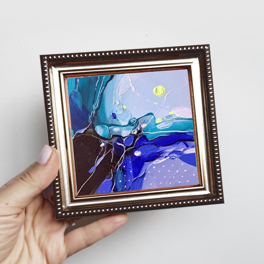 Small Painting 4x4 Abstract Artwork Original Framed Blue Wall Art ...