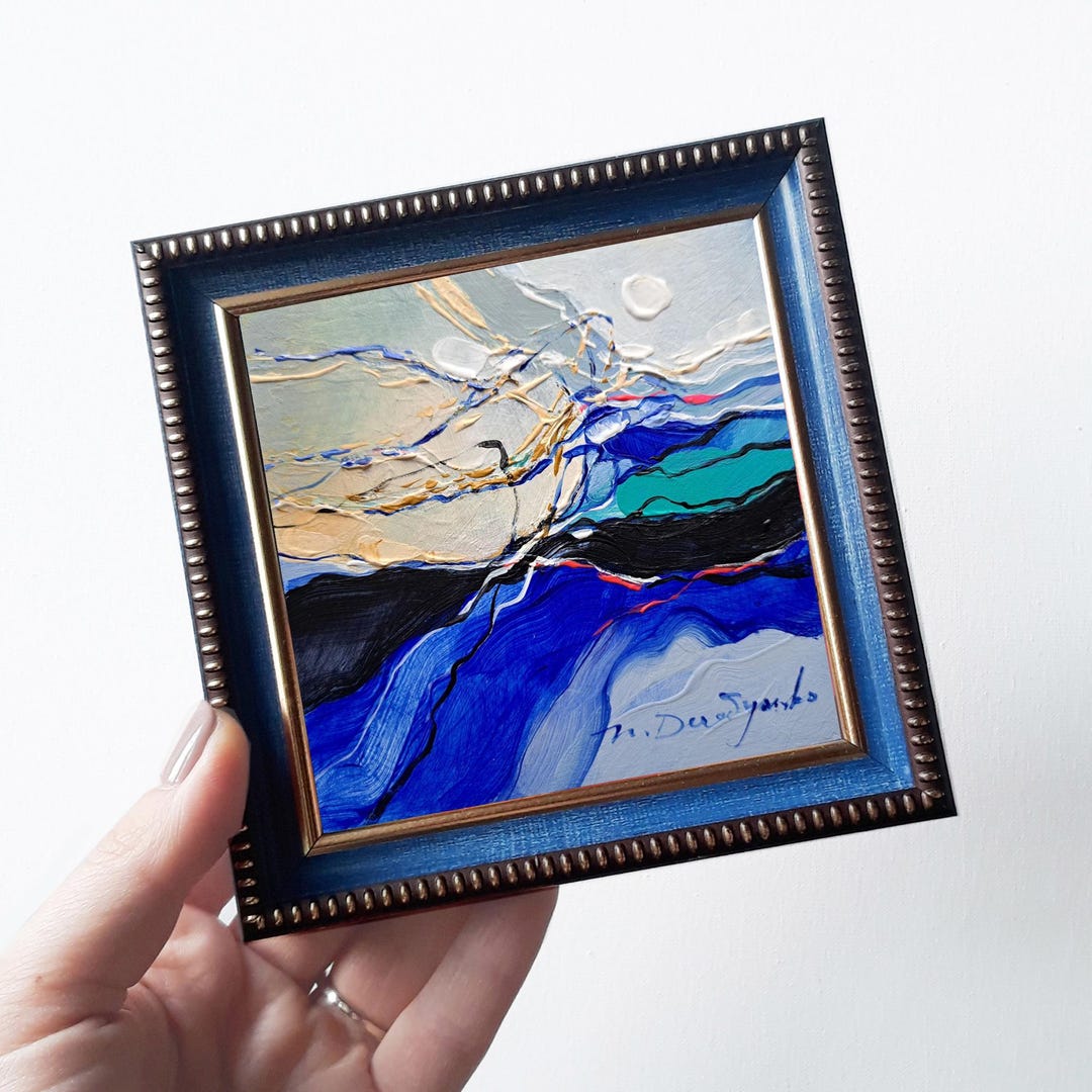 Blue Wall Art Miniature Paintings 4x4 Original Framed, Abstract ...