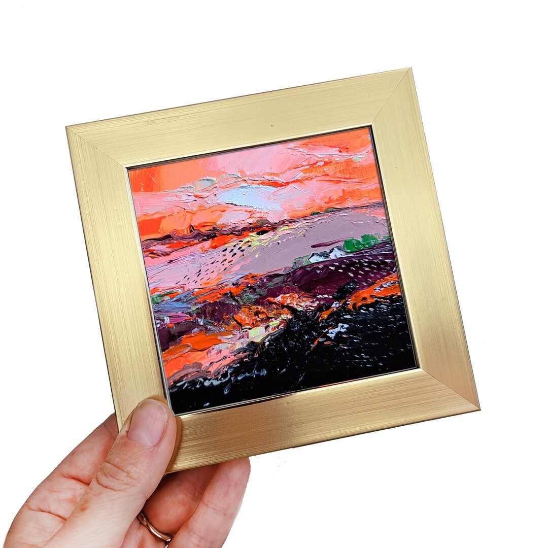 Landscape Original Small Paintings 4x4 Framed, Red Art Abstract ...