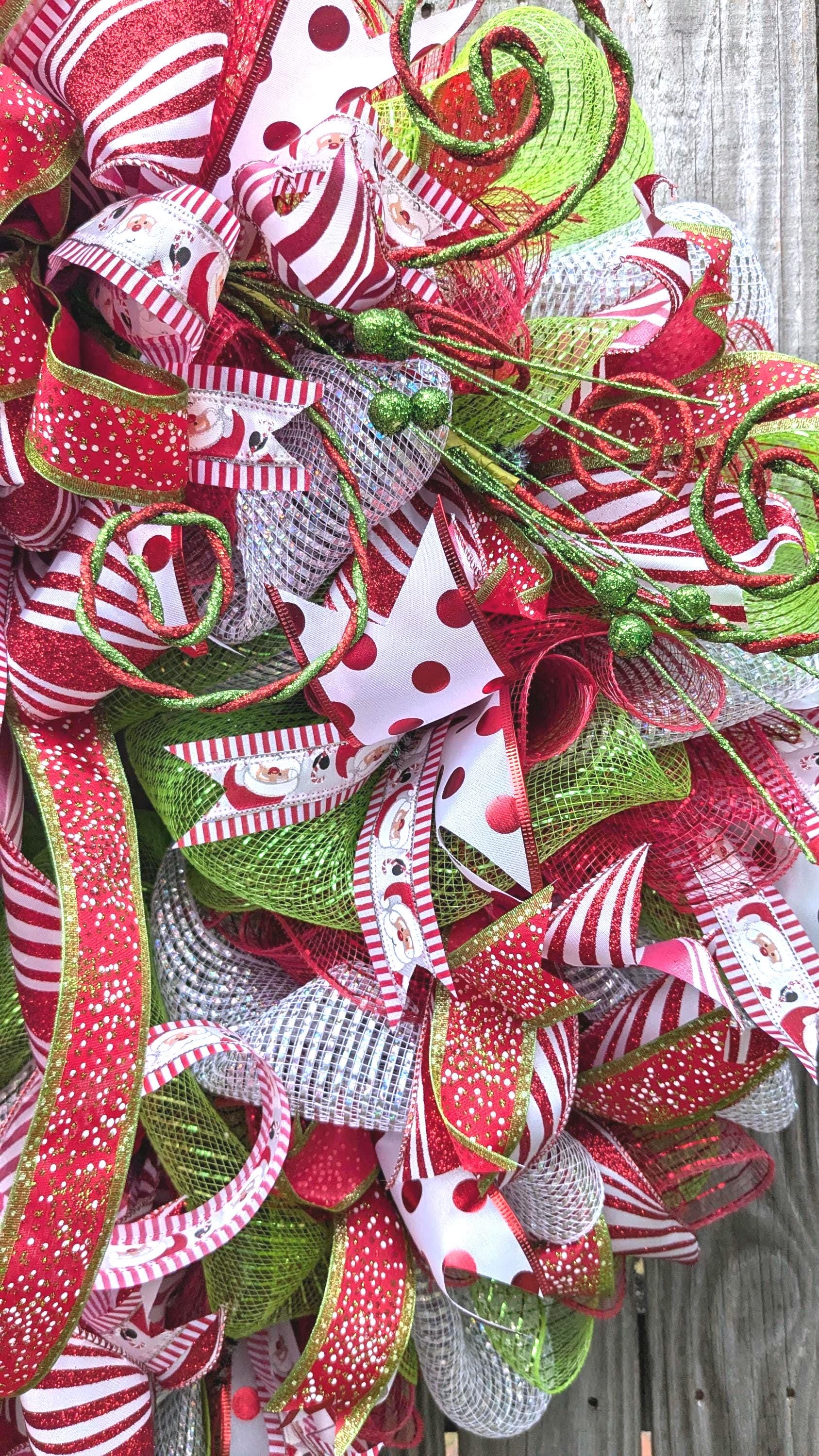 Large 27 Deco Mesh Peppermint Santa Ribbon Christmas Wreath for Front ...