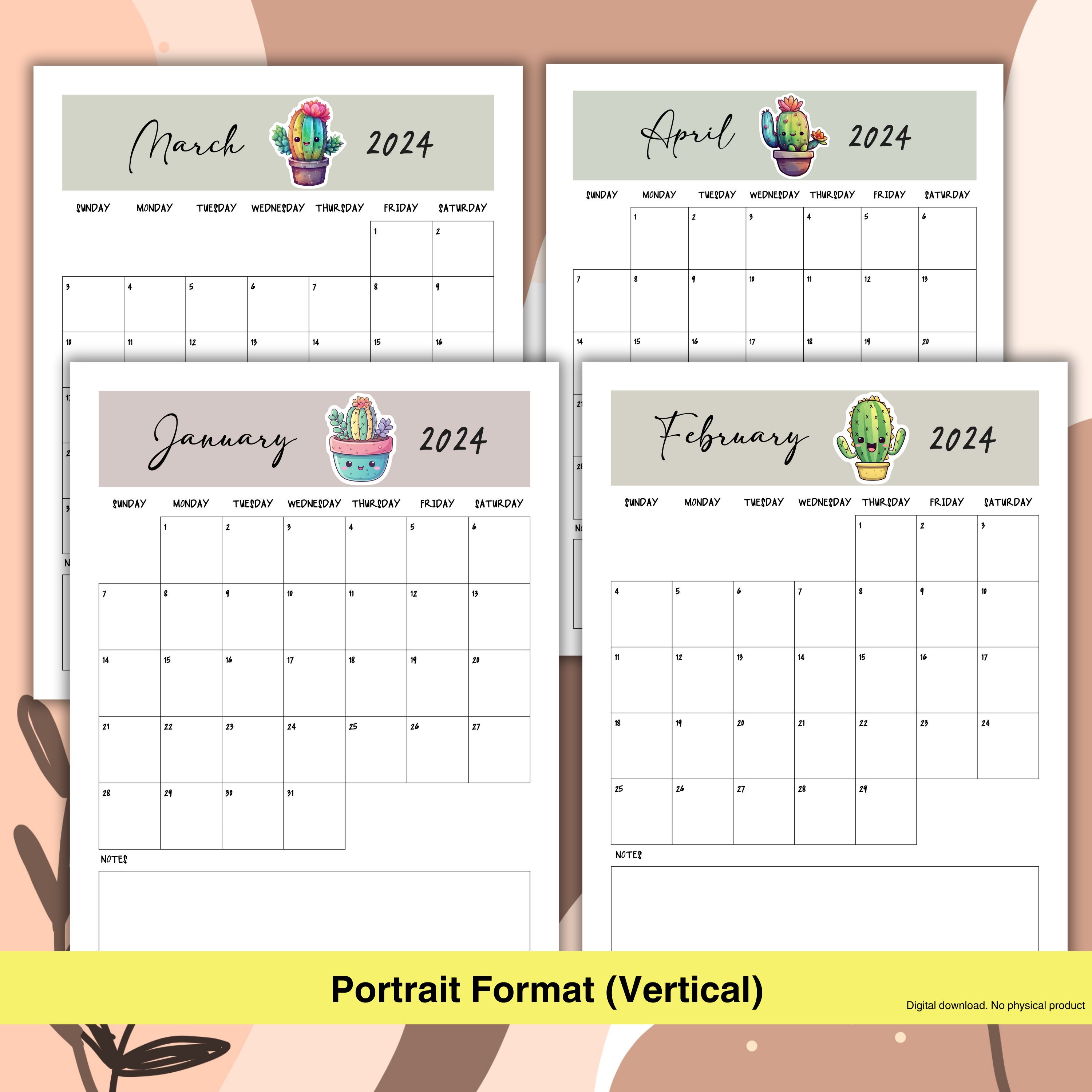Editable Monthly Calendars 2024, Portrait Printable Fillable Calendar ...