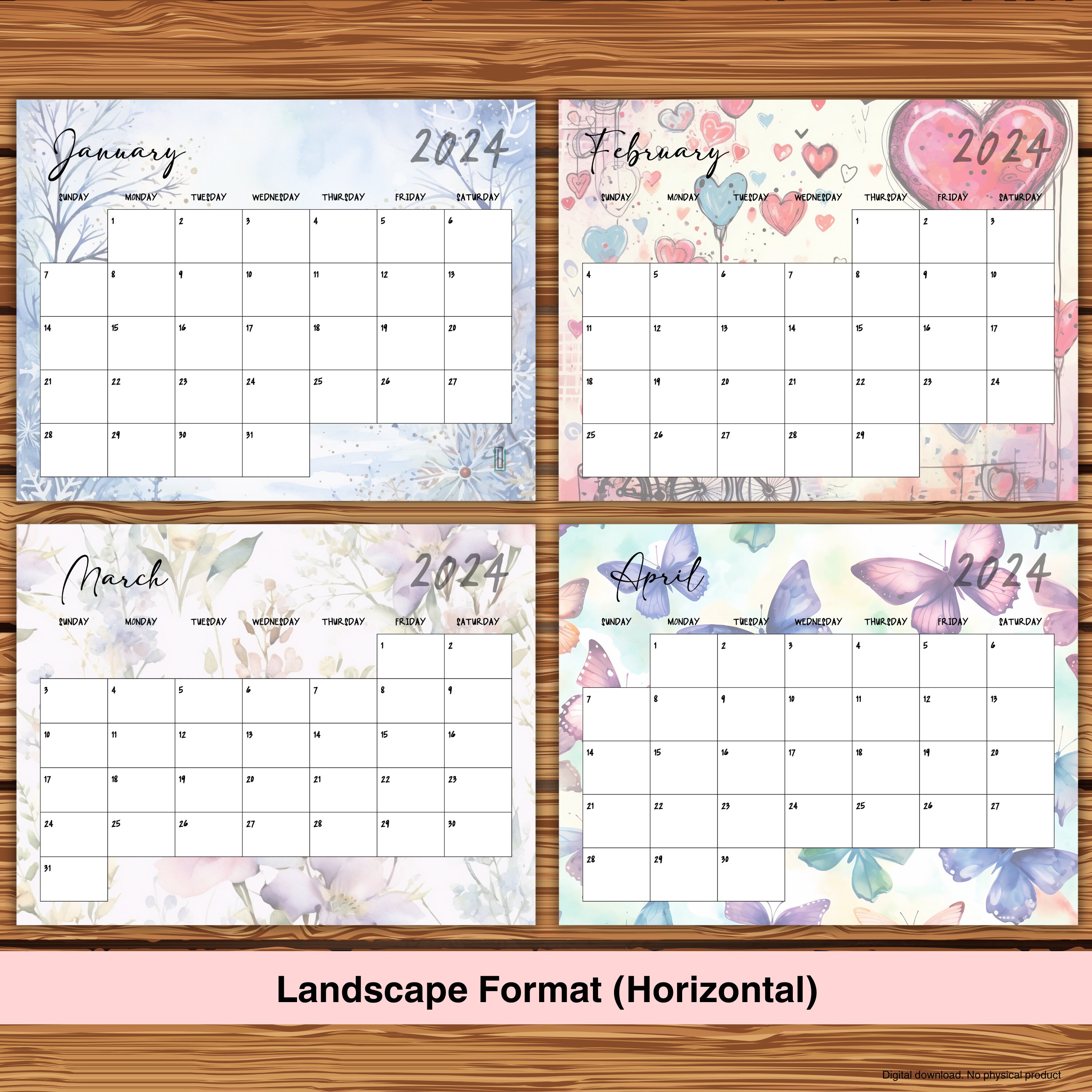 Editable Monthly Calendars 2024, Landscape Printable Fillable Calendar ...