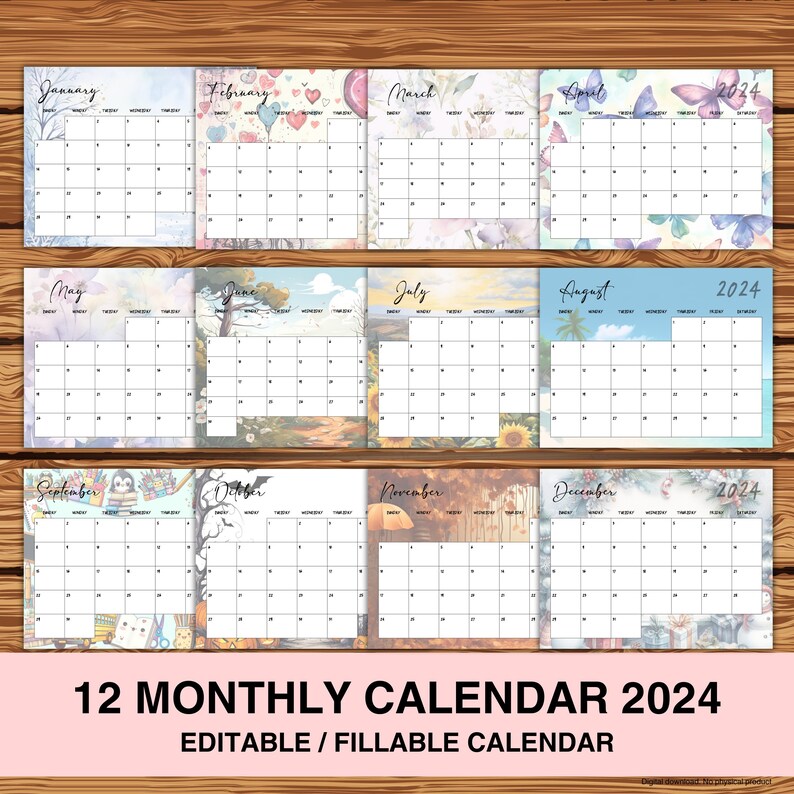 Editable Monthly Calendars 2024, Landscape Printable Fillable Calendar ...