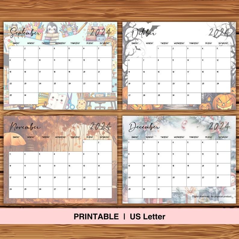 Editable Monthly Calendars 2024, Landscape Printable Fillable Calendar ...