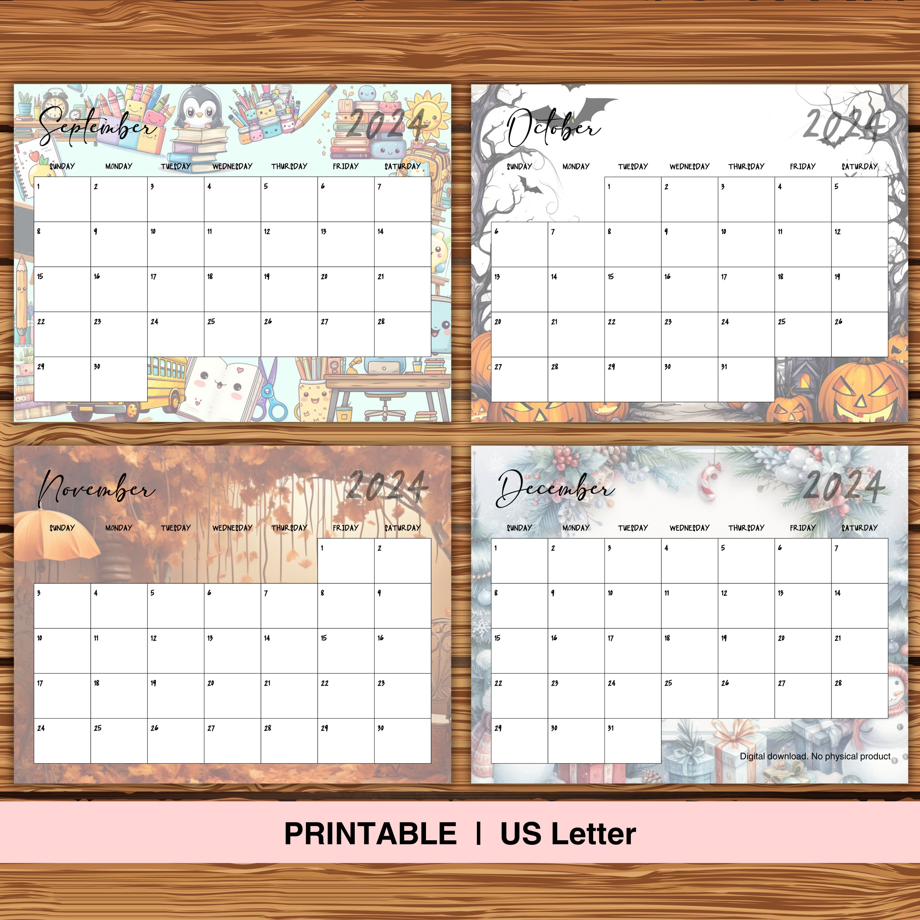 Editable Monthly Calendars 2024, Landscape Printable Fillable Calendar ...