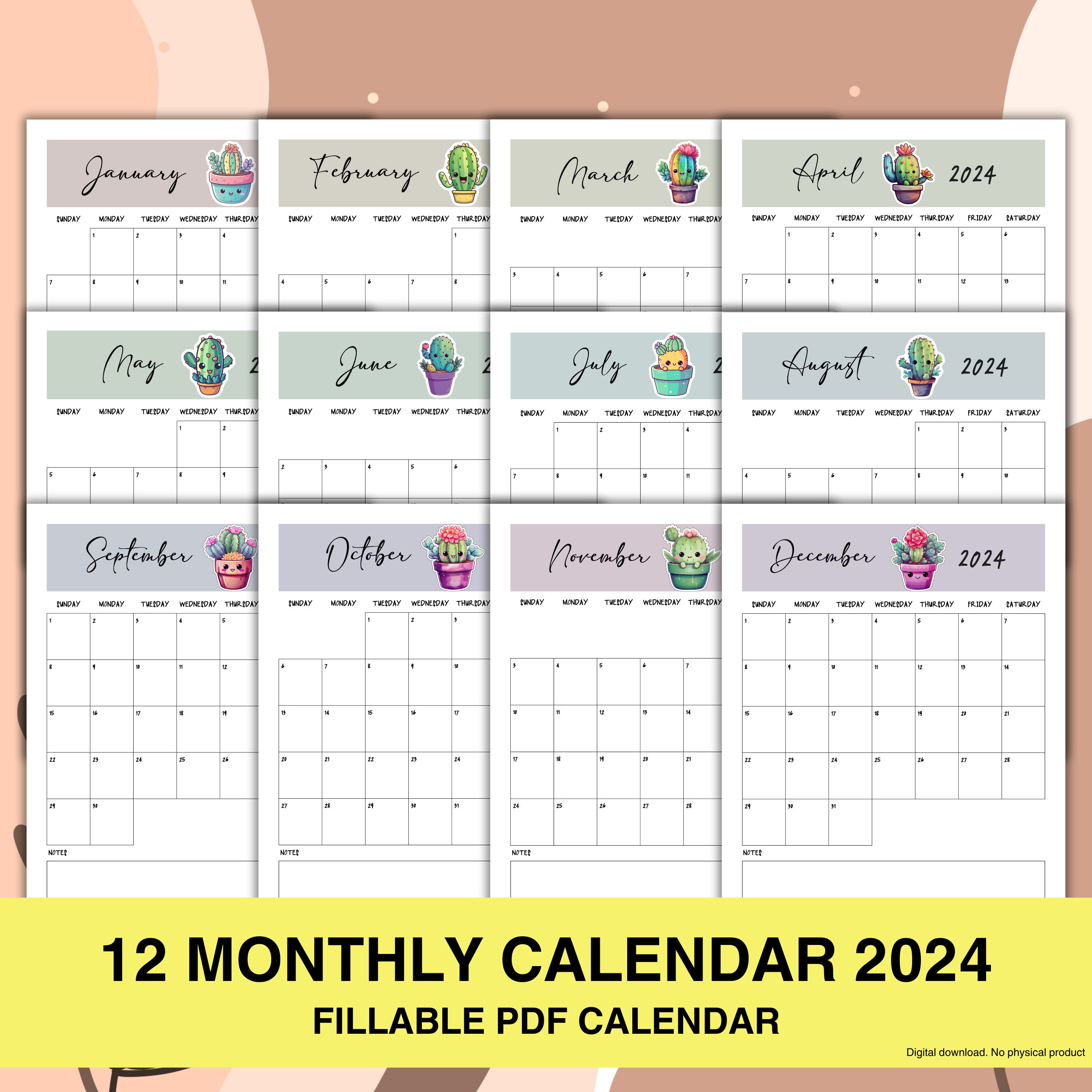 Editable Monthly Calendars 2024, Portrait Printable Fillable Calendar ...