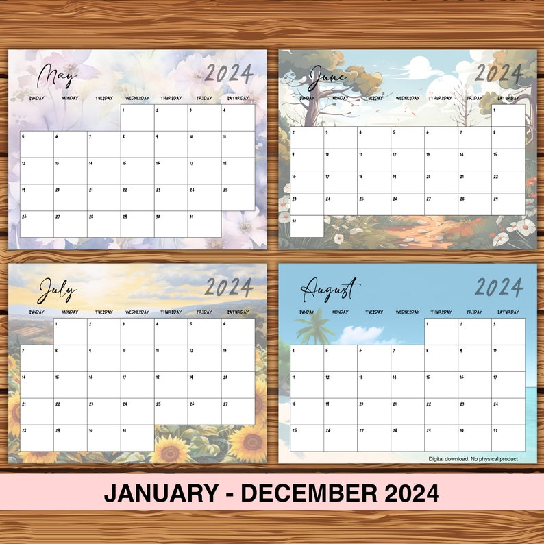 Editable Monthly Calendars 2024, Landscape Printable Fillable Calendar ...