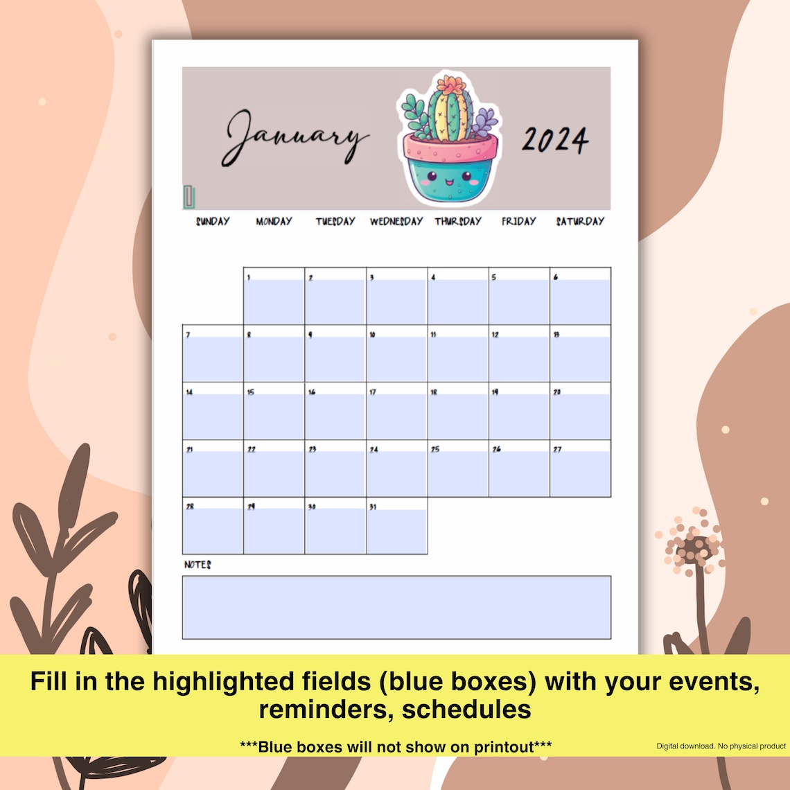 Editable Monthly Calendars 2024, Portrait Printable Fillable Calendar ...