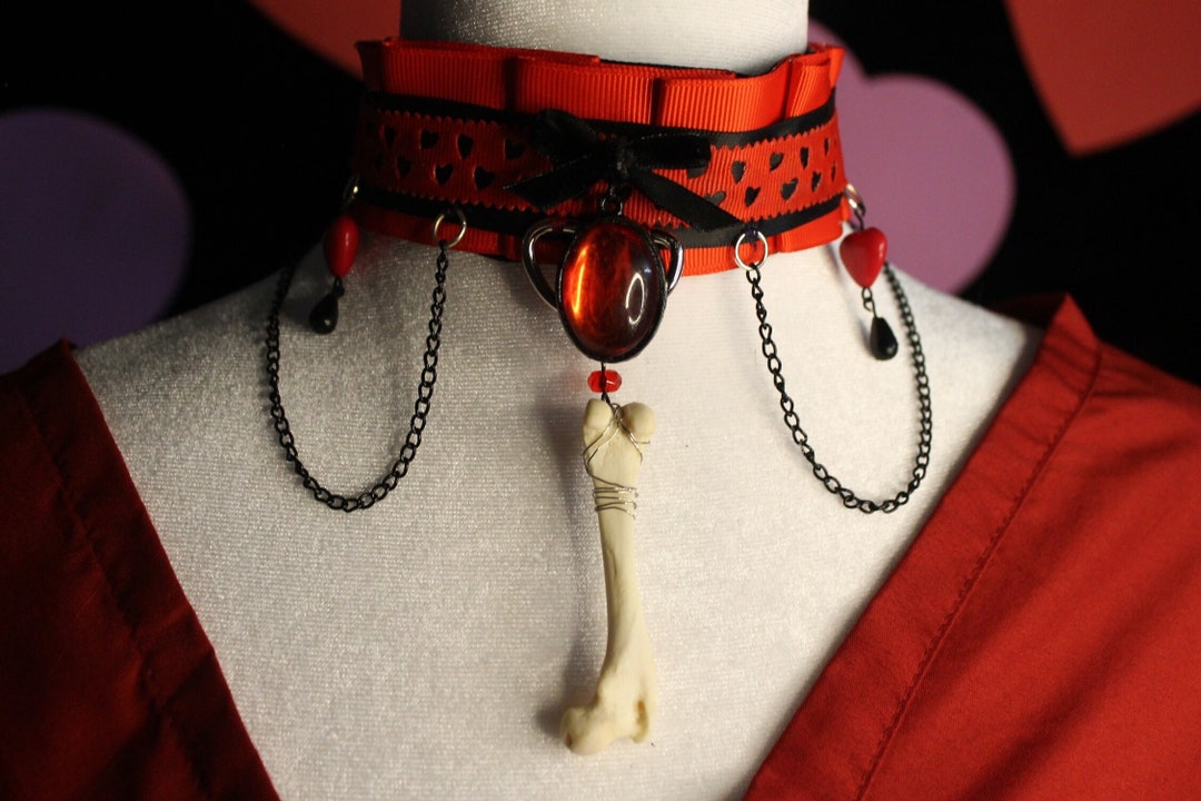 Red and Black Heart Ribbon Choker - Real Skunk Femur Bone - Etsy