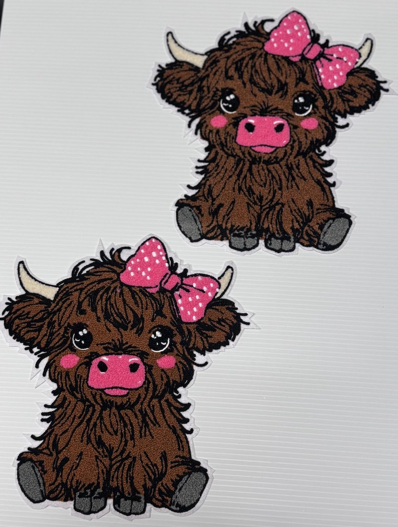 Chenille Highland Cow Patch: Pink Bow, Iron-on Applique (11 In) - Etsy